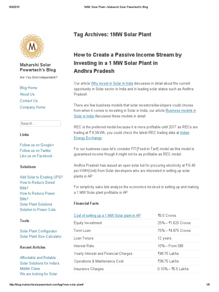 1MW Solar Plant - Solar Cost Estimate | PDF | Photovoltaic System ...