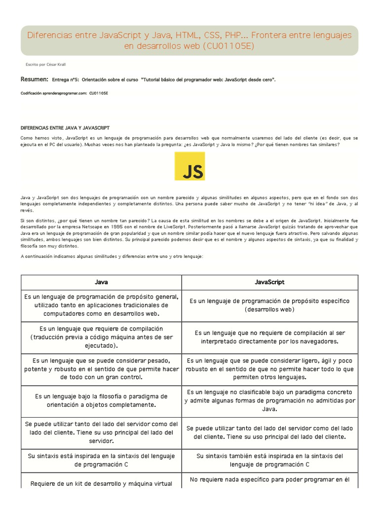 Diferencias Entre JavaScript y Java, HTML, CSS, PHP... | PDF | Lenguaje de programación | Script ...