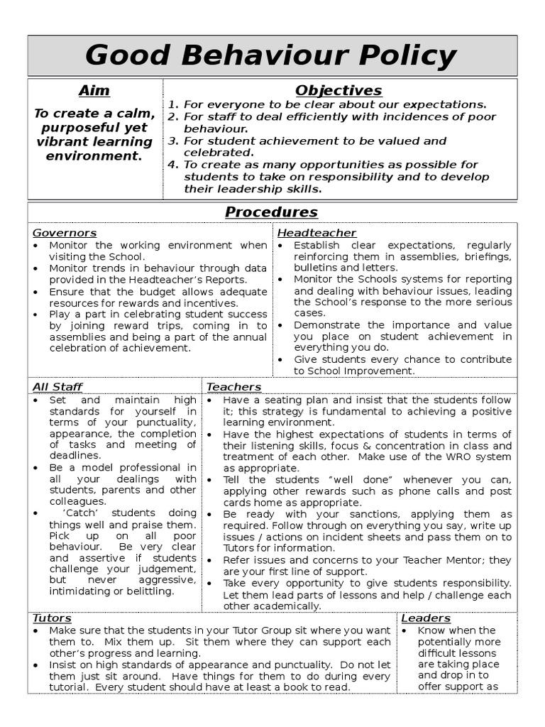 Good Behaviour Plan | PDF | Tutor | Leadership