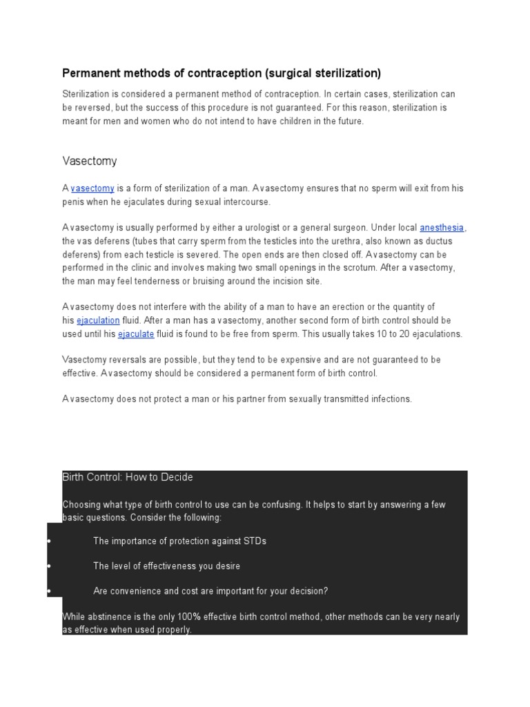 Permanent Methods of Contraception (Surgical Sterilization) : Vasectomy ...
