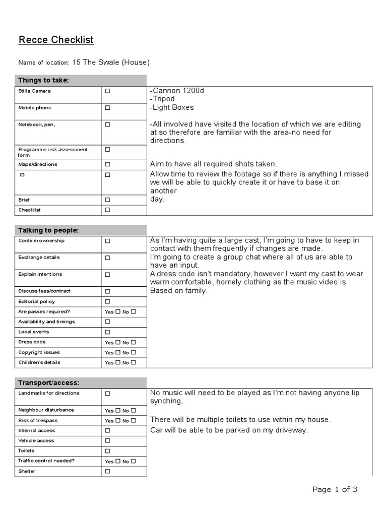 Recce Checklist - Planning | PDF