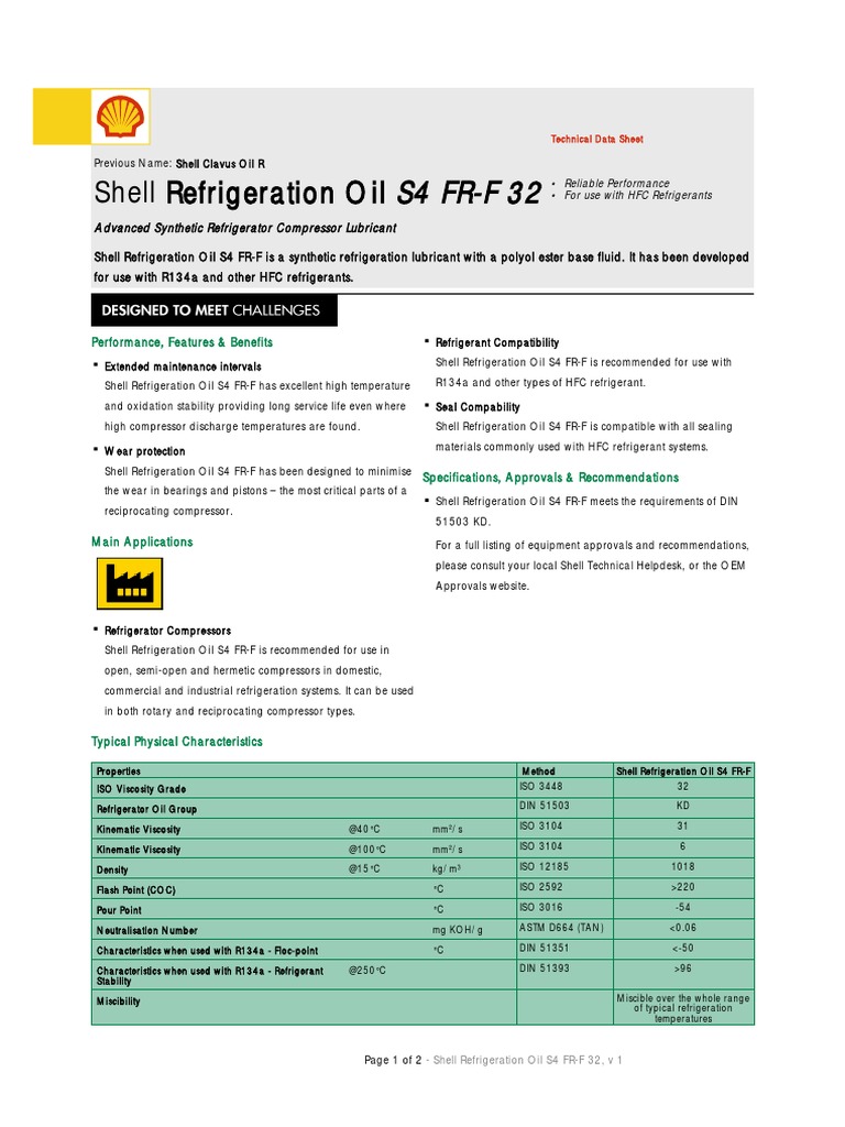 Shell Refrigeration Oil S4 FR-F 32 (en) TDS v1 | Gas Compressor | Lubricant