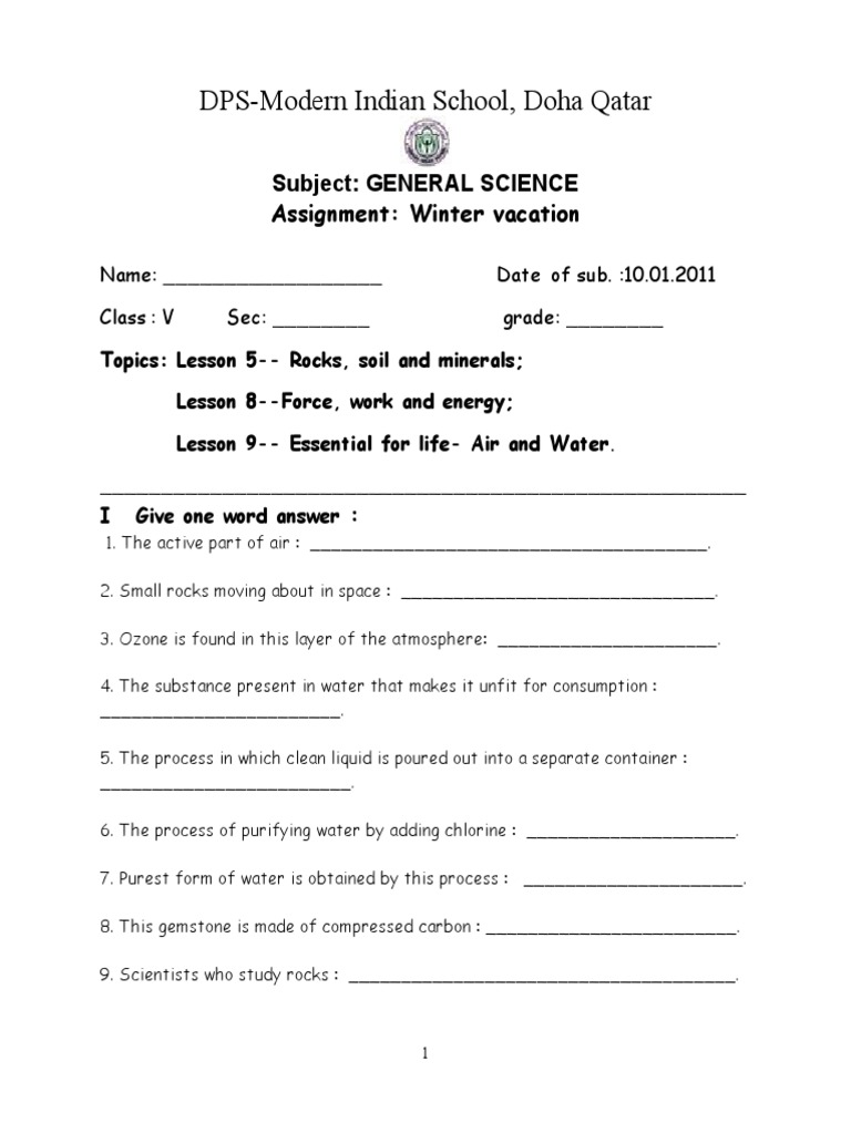 Dps Winter Vacation Assignment Class 5 | PDF | Atmosphere Of Earth | Water