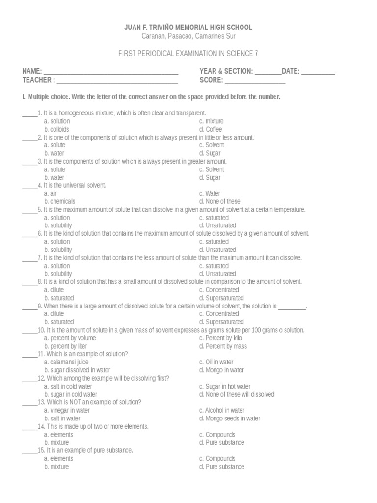 Grade 7 Exam | PDF | Solution | Acid