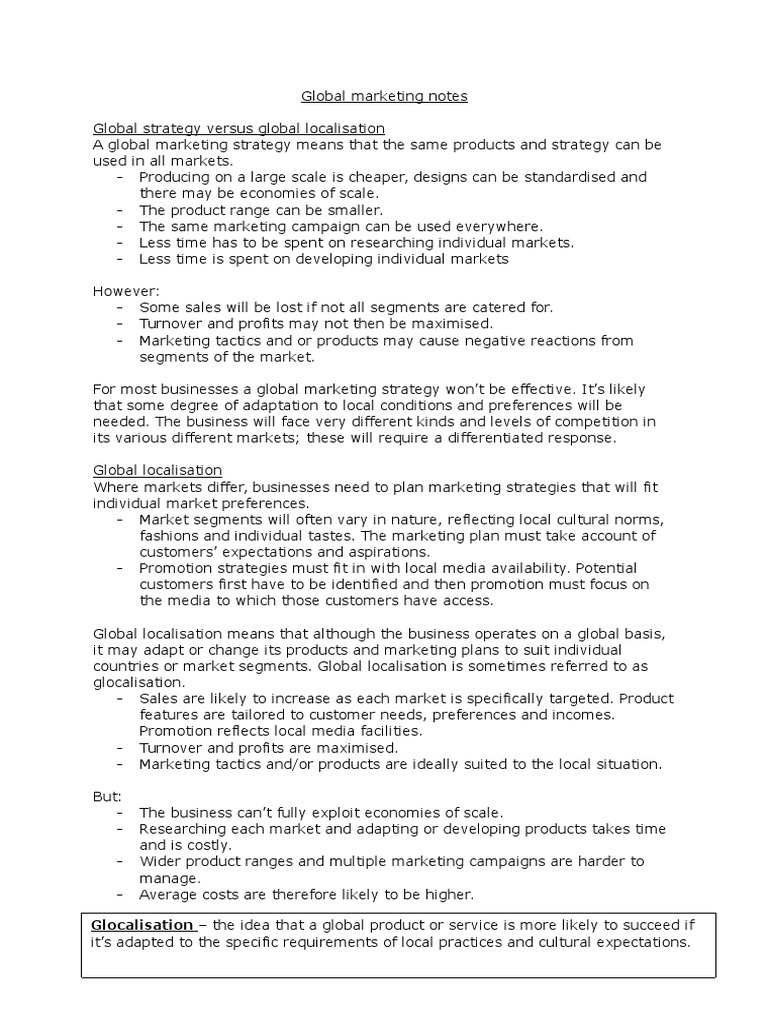 Global Marketing Notes | PDF | Strategic Management | Marketing Strategy
