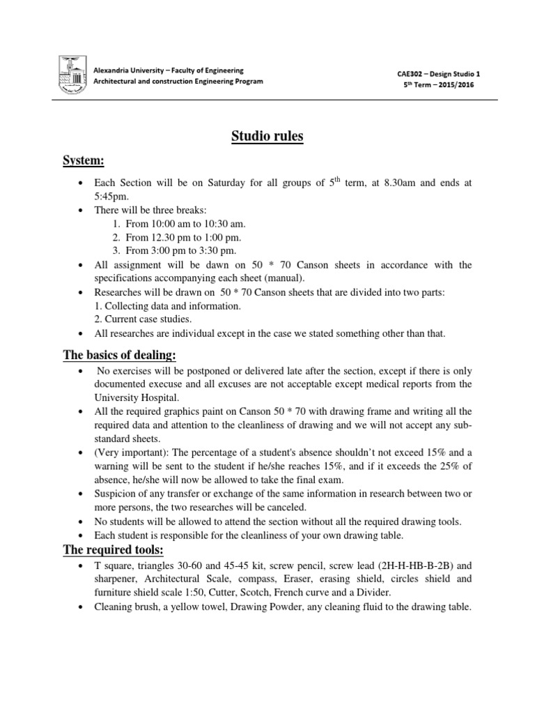 Studio Rules for 5th Term Students | PDF