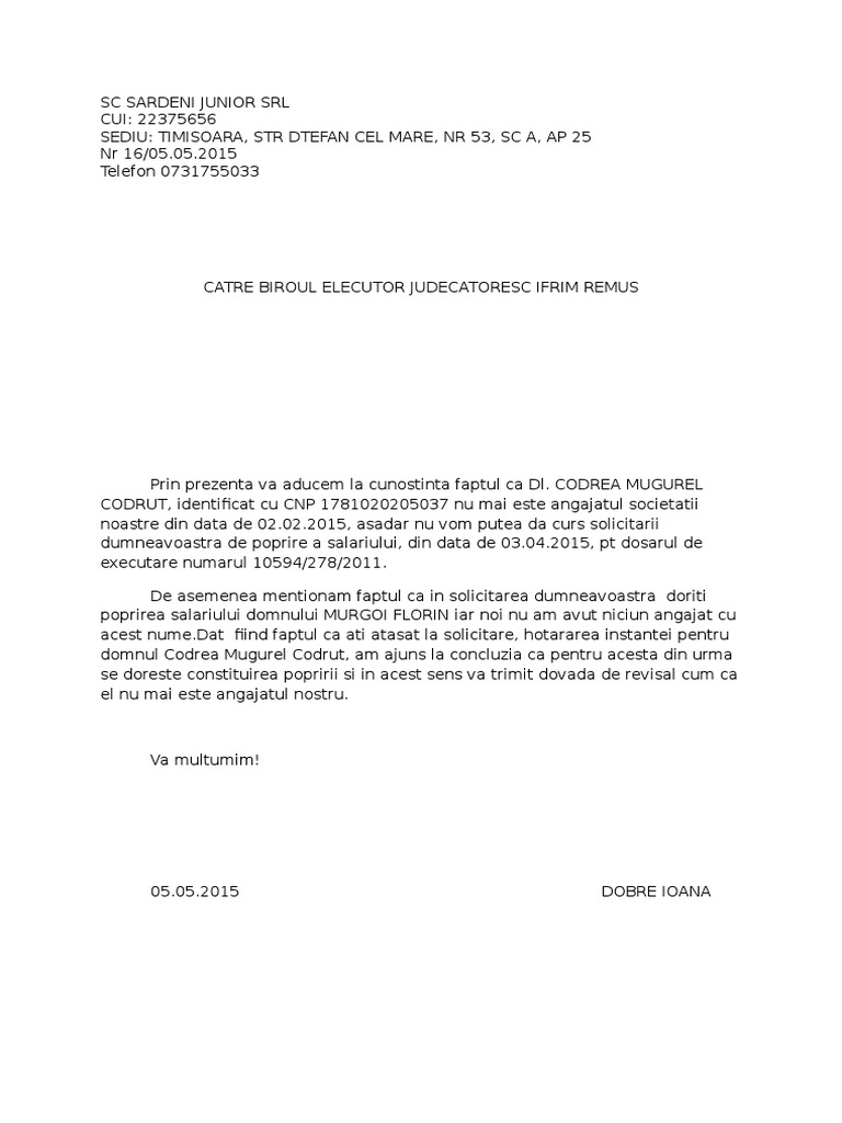 Adresa Informare Angajat Inactiv Poprire | PDF