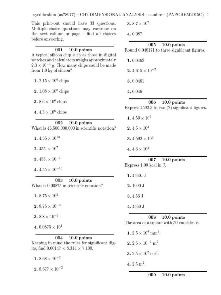 CH2 DIMENSIONAL ANALYSIS | PDF | Calorie | Density