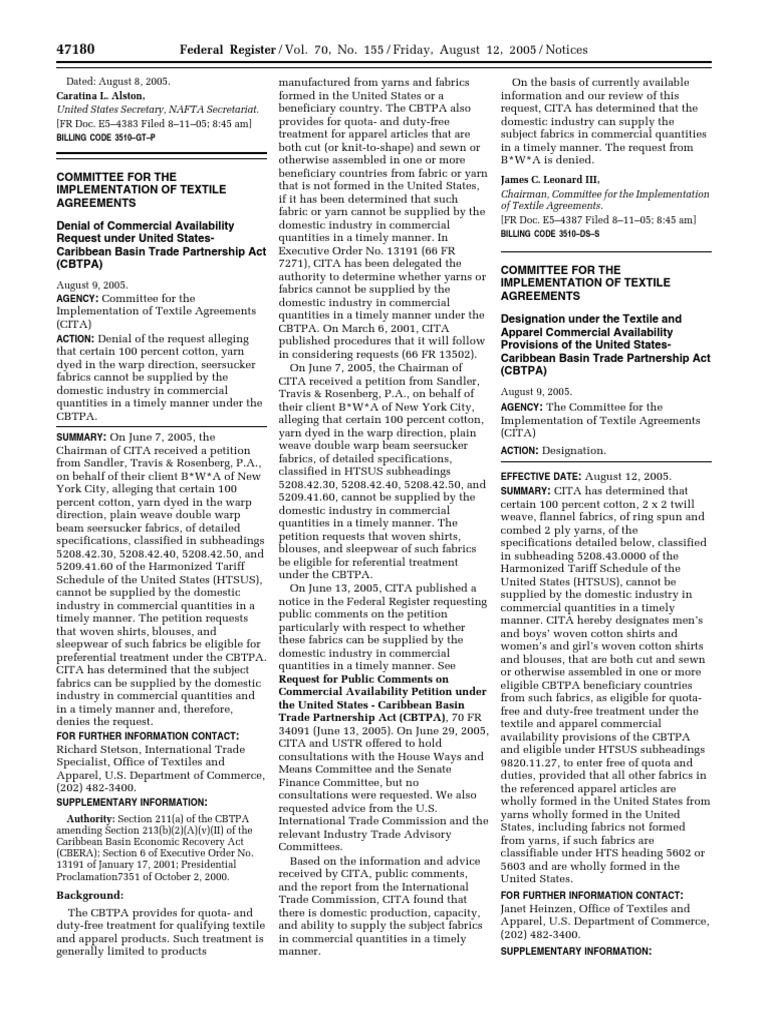 Notice: Textile and Apparel Categories: Commercial Availability Actions ...