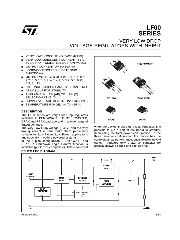 LF00 Series: Very Low Drop Voltage Regulators With Inhibit | PDF