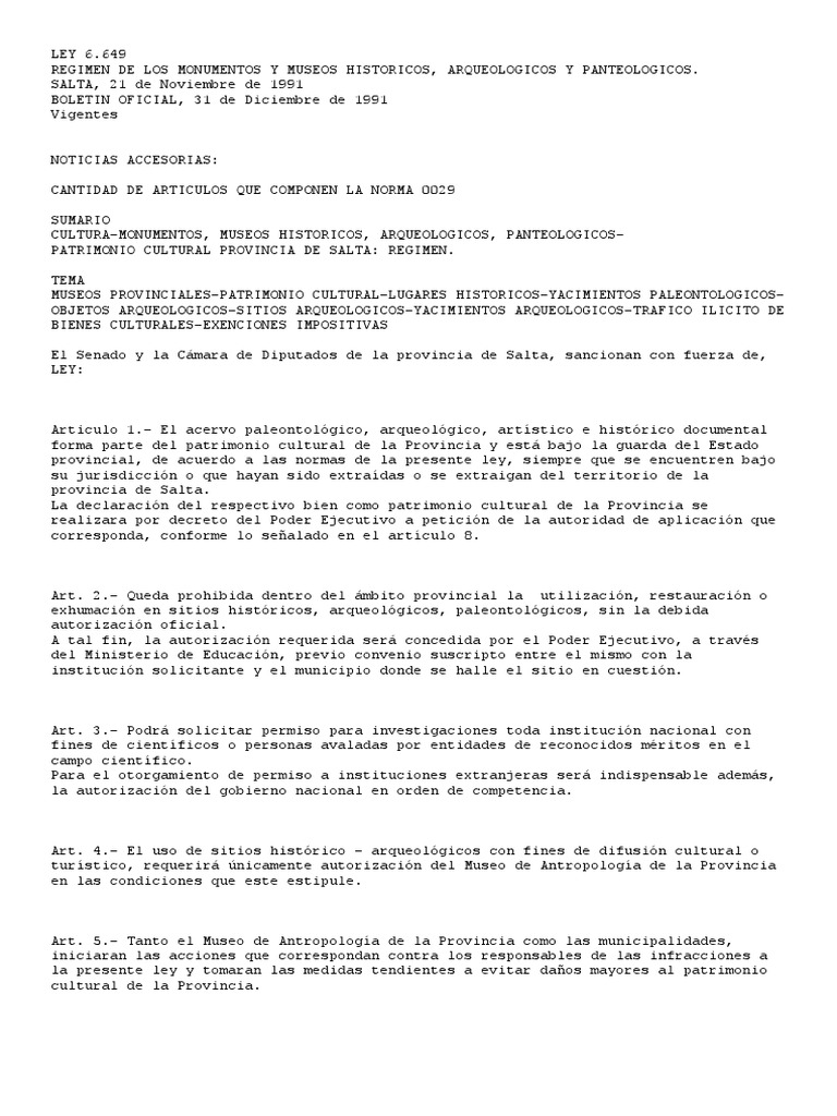 LEY 6649 Patrimonio Salta | PDF | Museo | Arqueología