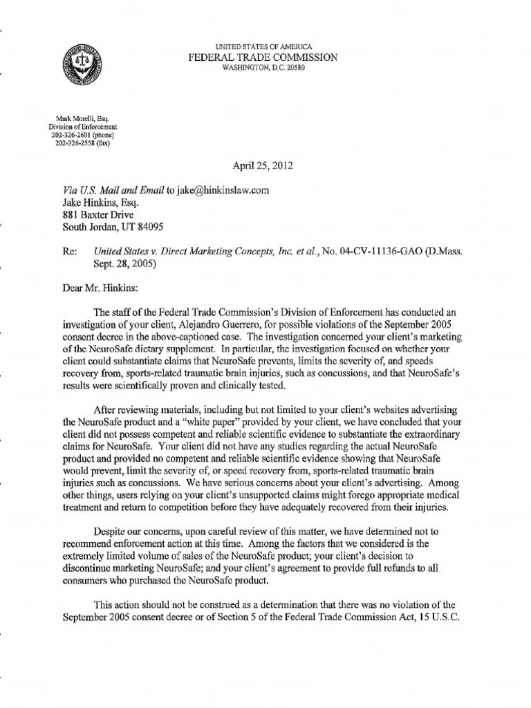FTC NeuroSafe Letter To Alejandro Guerrero | PDF | Business | Law