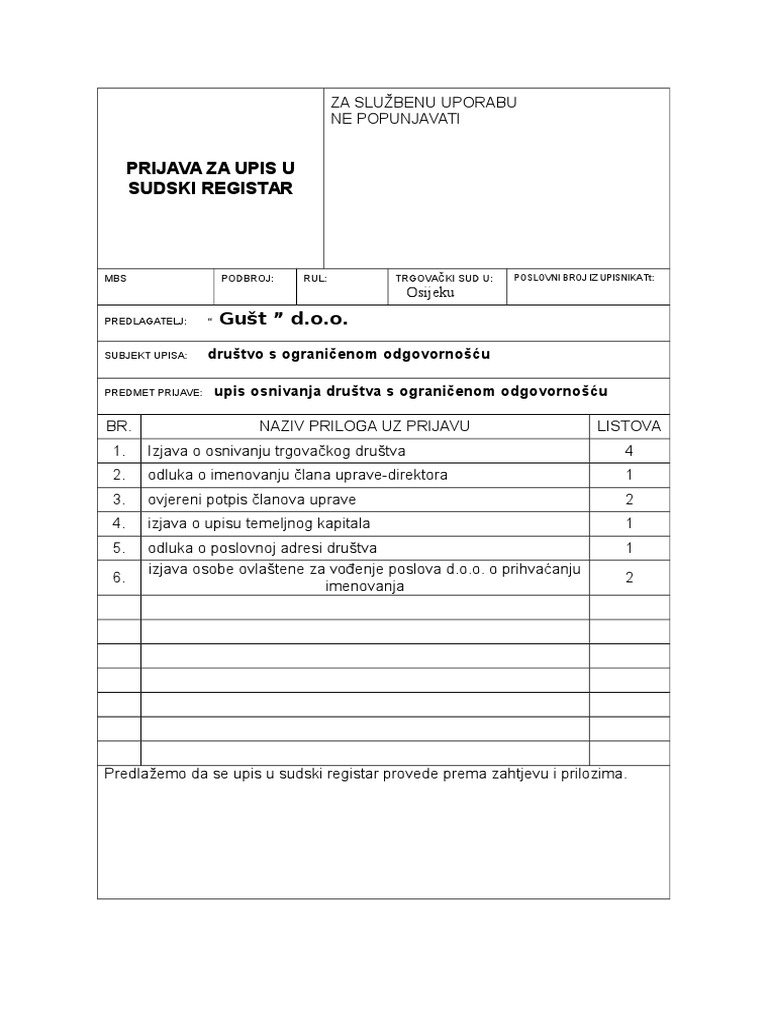 1.prijava Za Upis U Sudski Registar Za Nove Tvrtke | PDF