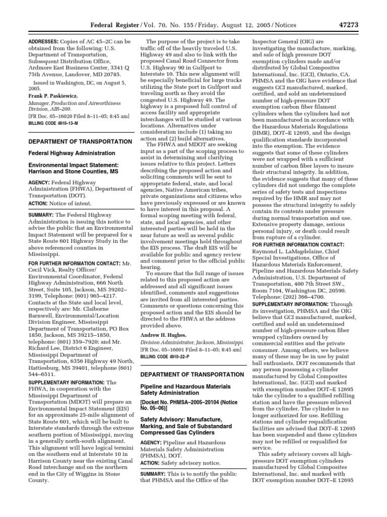 Notice: Pipeline Safety: Advisory Bulletins— Manufacture, Marking, and ...