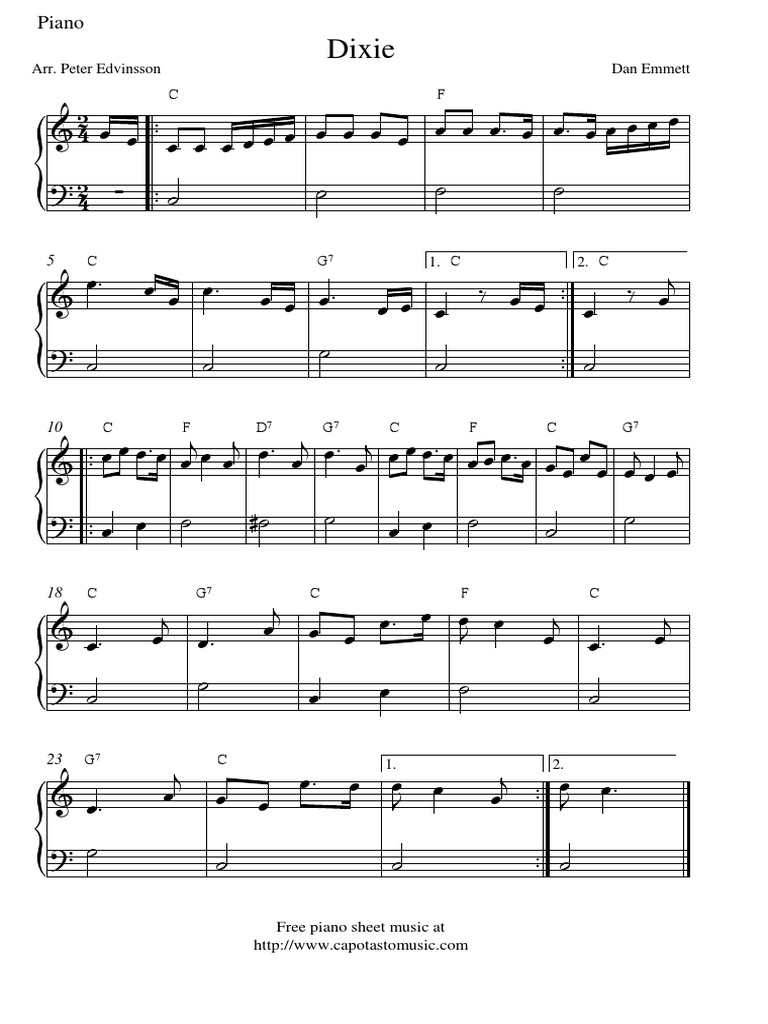 Dan Emmett's Dixie Piano Sheet Music | PDF