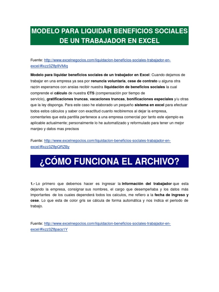 Modelo para Liquidar Beneficios Sociales de Un Trabajador en Excel | PDF | Beneficio (economía ...