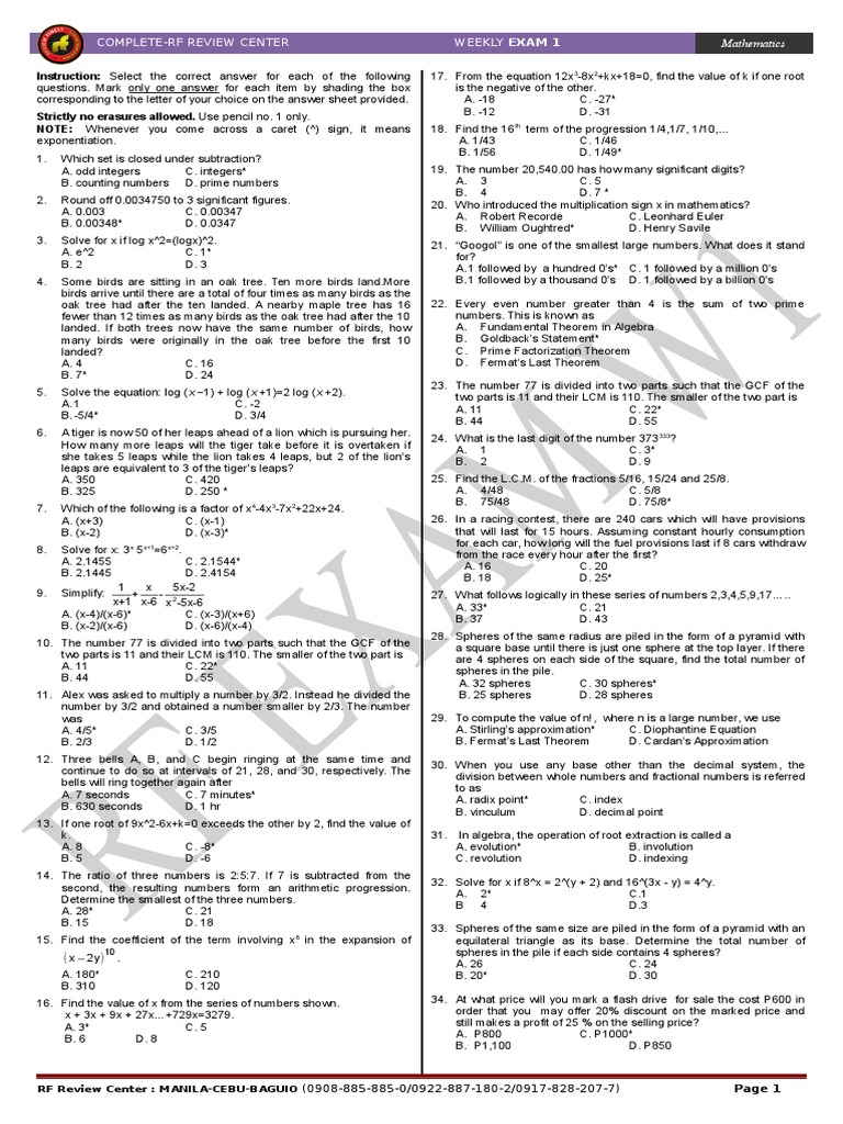 Math Review Week 1 | PDF | Prime Number | Equations