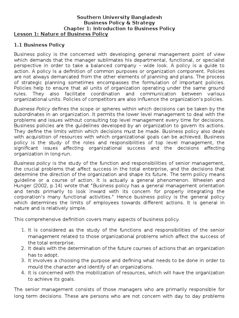 Introduction to Business Policy | Strategic Management | Employment