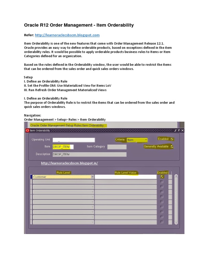 Oracle R12 Order Management - Item Orderability | PDF | Areas Of Computer Science | Software ...