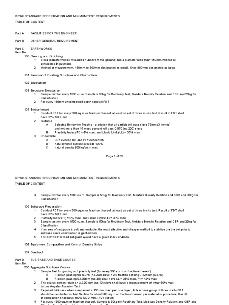 Summary of DPWH Standard Specs and Min Test Requirment | PDF | Asphalt ...