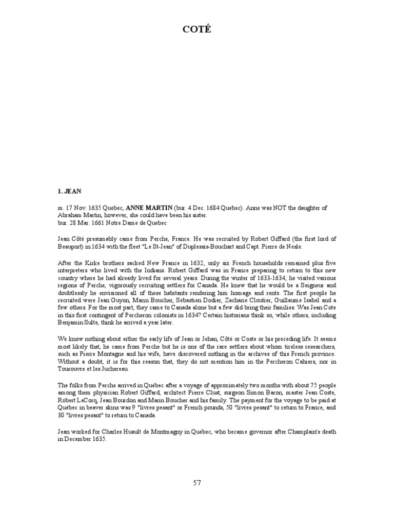 Cote Genealogy | PDF | Quebec | New France