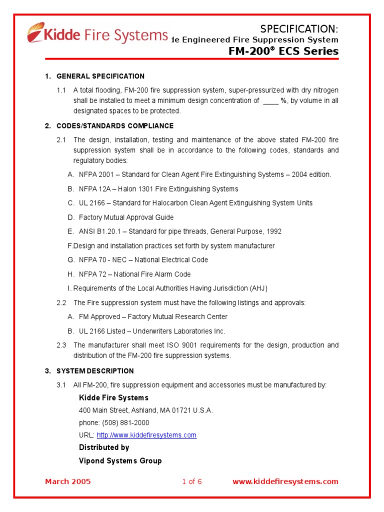 Kidde FM-200 Fire Suppression System Specification | PDF | Valve ...