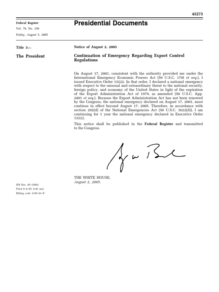 Continuation of Export Control Emergency | PDF | State Of Emergency ...