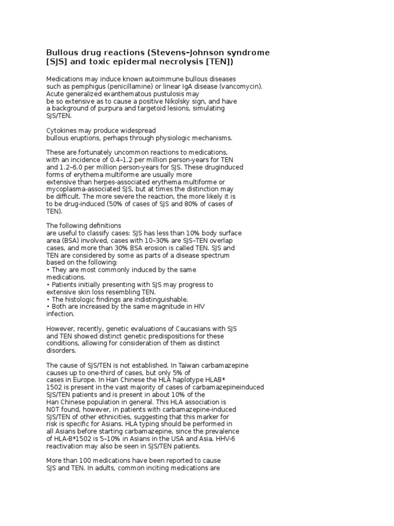 Bullous Drug Reactions (Stevens-Johnson Syndrome (SJS) and Toxic ...