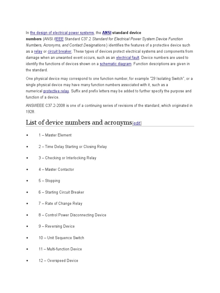 ANSI Device Numbers and Functions List | PDF