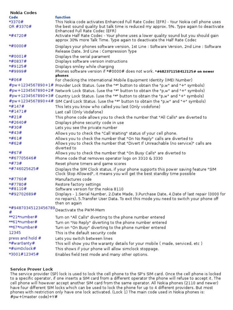 All Nokia Unlock CODE | PDF | Mobile Phones | Mobile Telecommunications