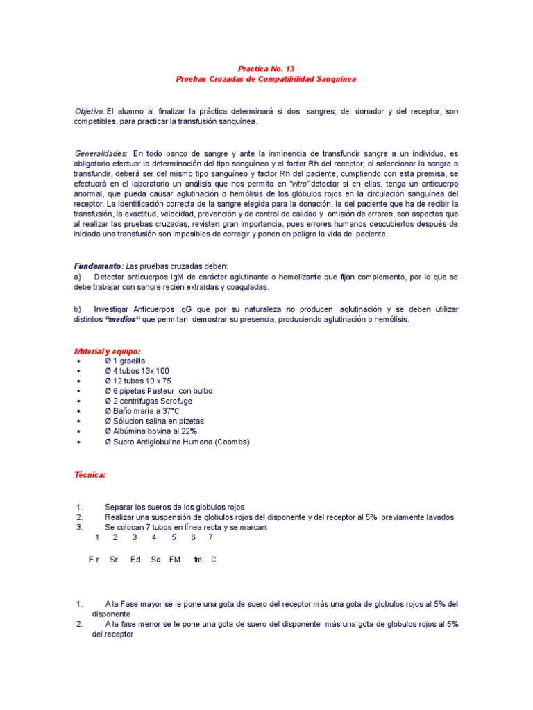 Practica No 13 Pruebas Cruzadas de Compatibilidad Sanguinea | PDF ...