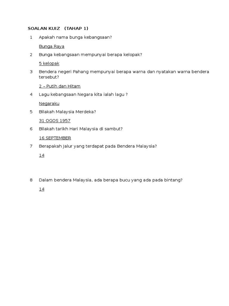 Soalan Kuiz Tahap 1 Dan 2 (Lisan) | PDF