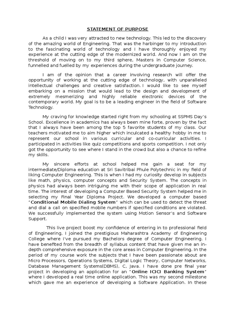 Statement of Purpose Sample Paper 1 | PDF | Computer Engineering ...