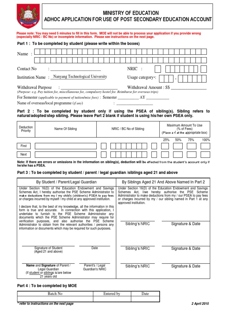 PSEA Adhoc Form | Tuition Payments | Fee