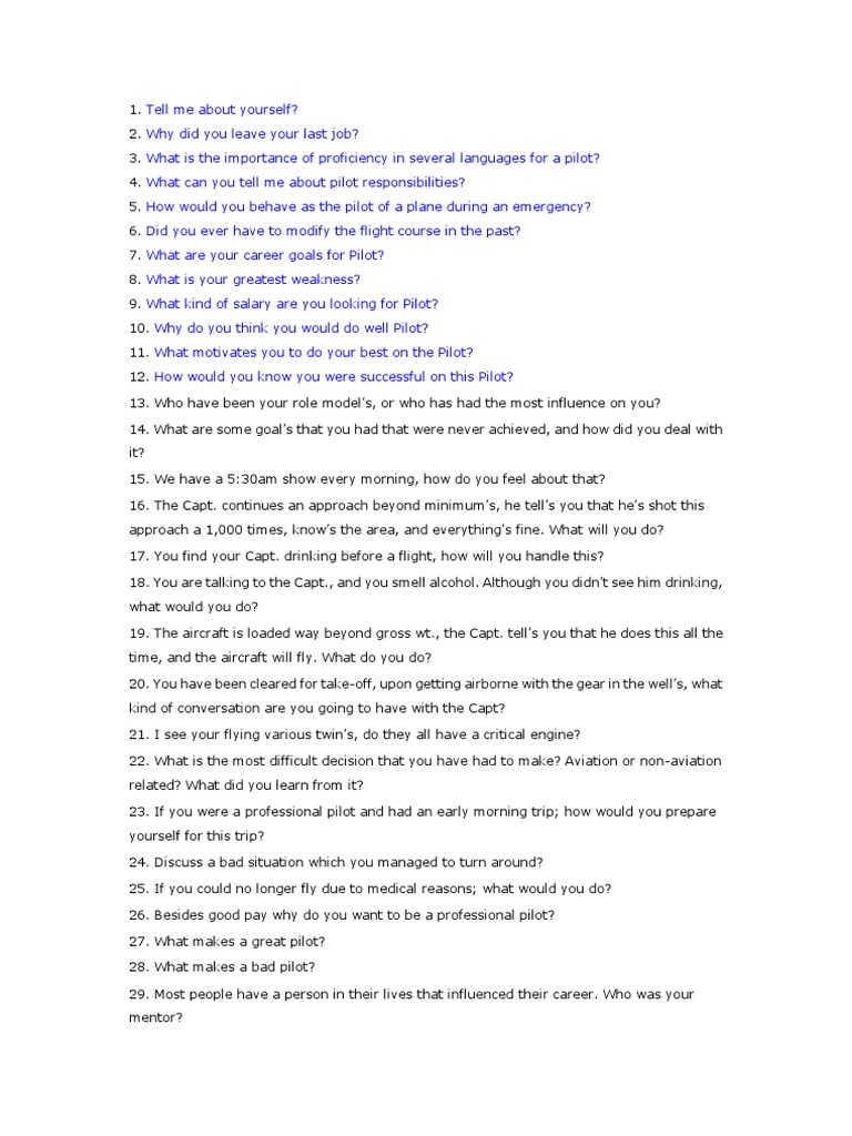 100 Pilot Interview Questions | PDF