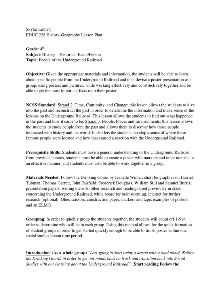 History Lesson Plan Portfolio | PDF | Underground Railroad | Classroom