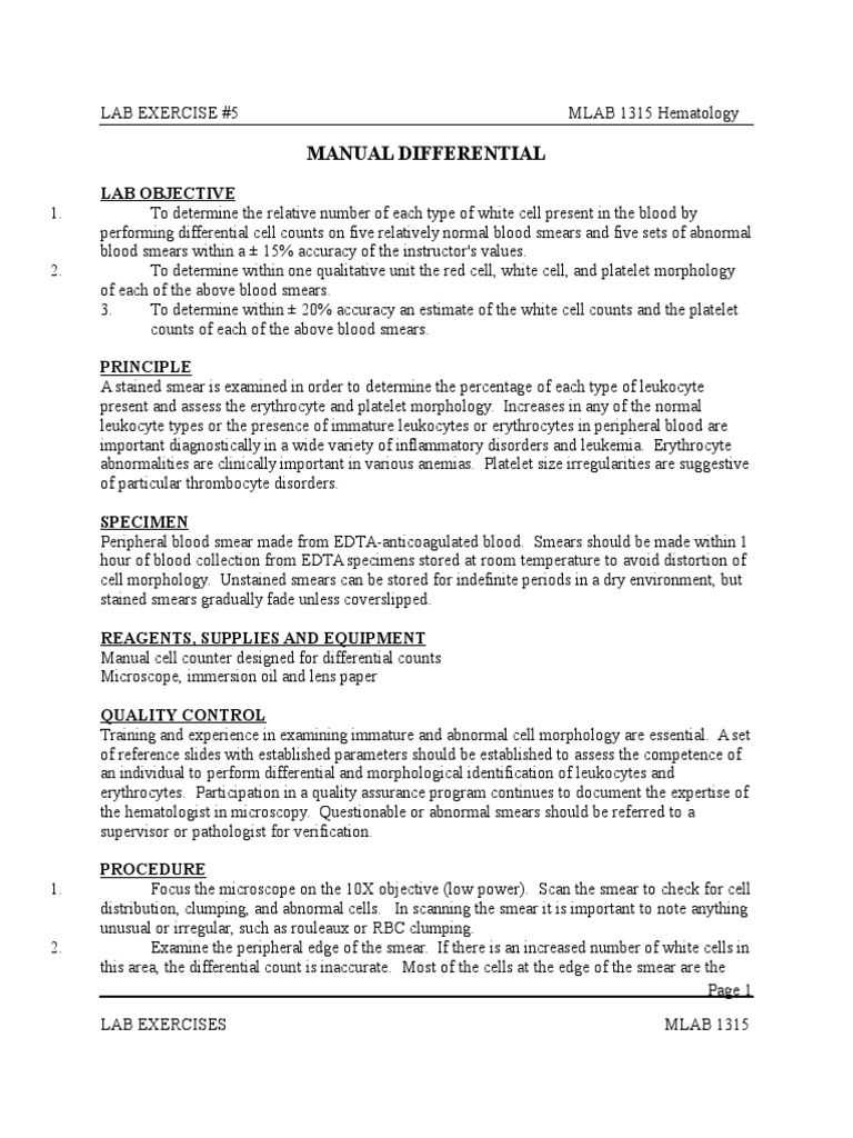 Manual Differential: Lab Objective | PDF | White Blood Cell | Red Blood ...