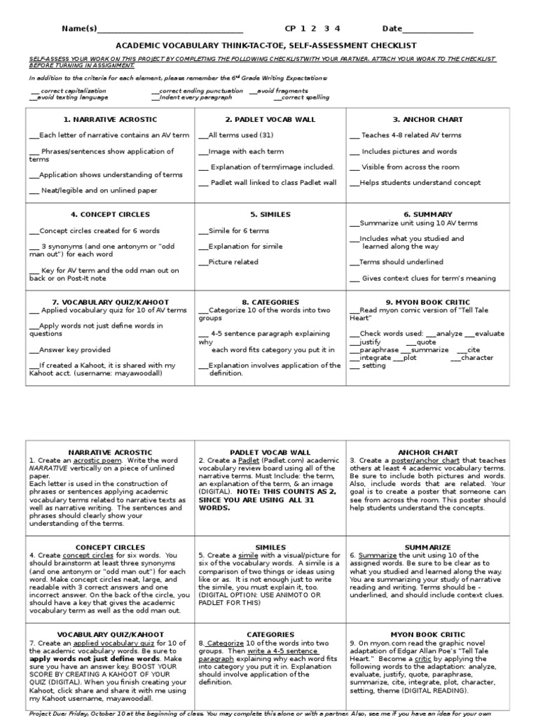 Think Tac Toe-Academic Vocabulary With Self Assessment | PDF ...