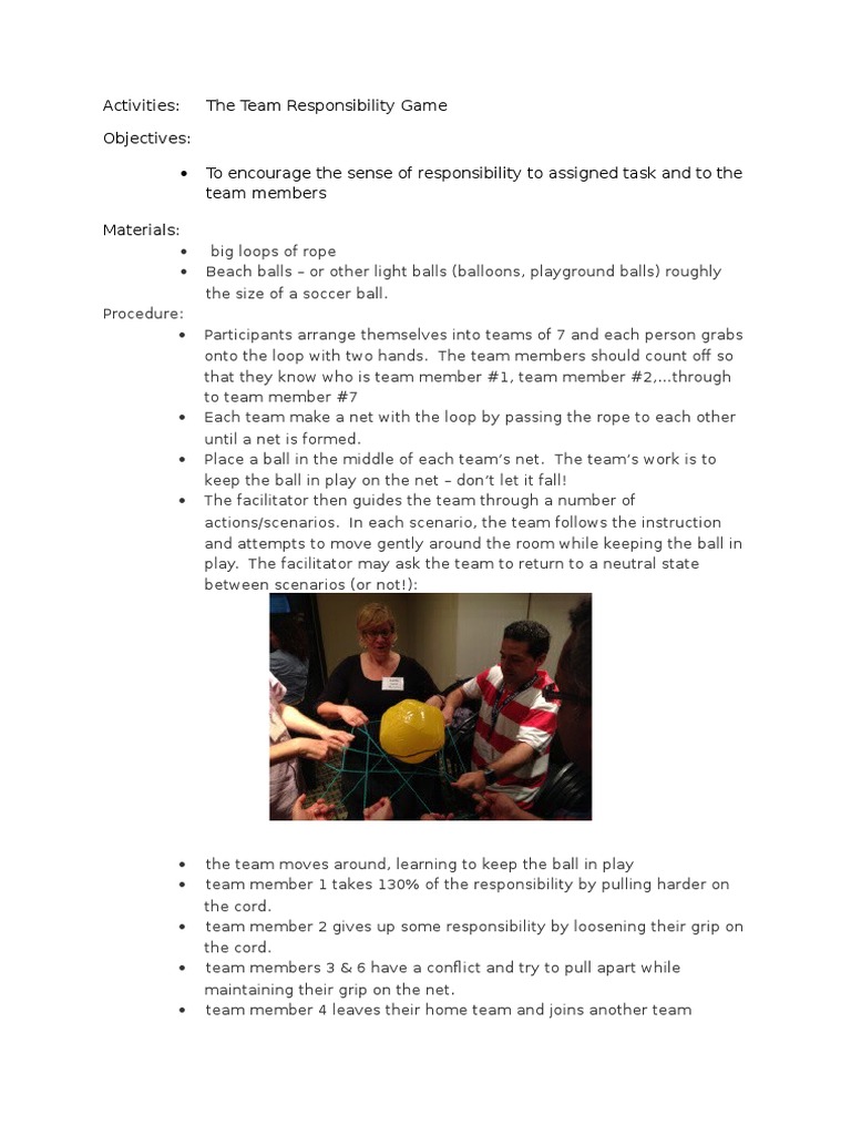 Activities: The Team Responsibility Game Objectives: To Encourage The ...