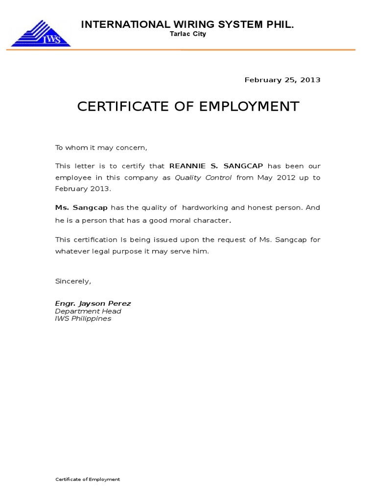 Sample Certificate Of Employment