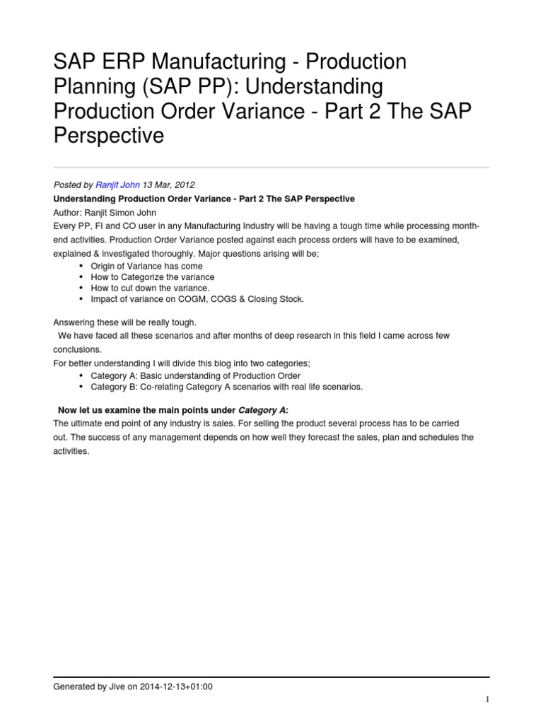 Understanding Production Order Variance Part 1 | PDF | Debits And ...