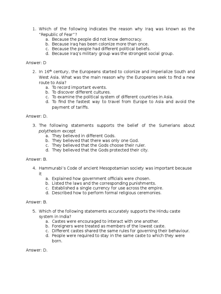 Araling Panlipunan Test Questions Sample | PDF | Caste | Asia