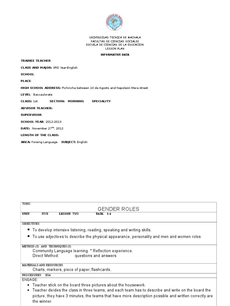 Lesson Plan Gender Roles | PDF