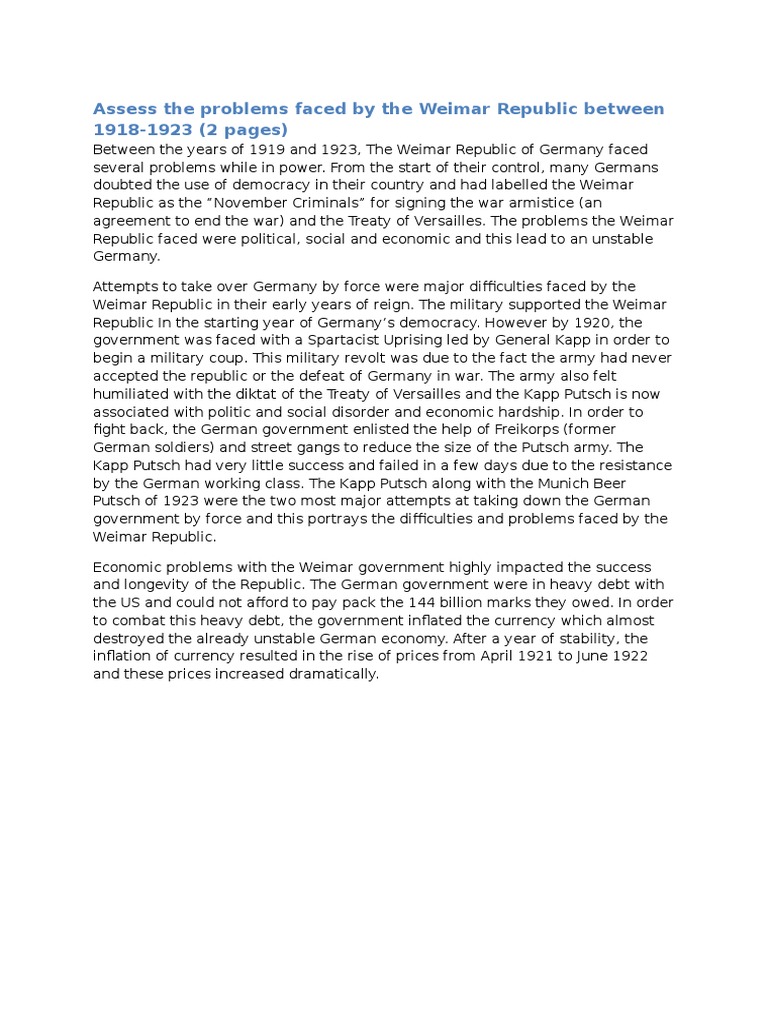 Assess The Problems Faced by The Weimar Republic Between 1918 | PDF