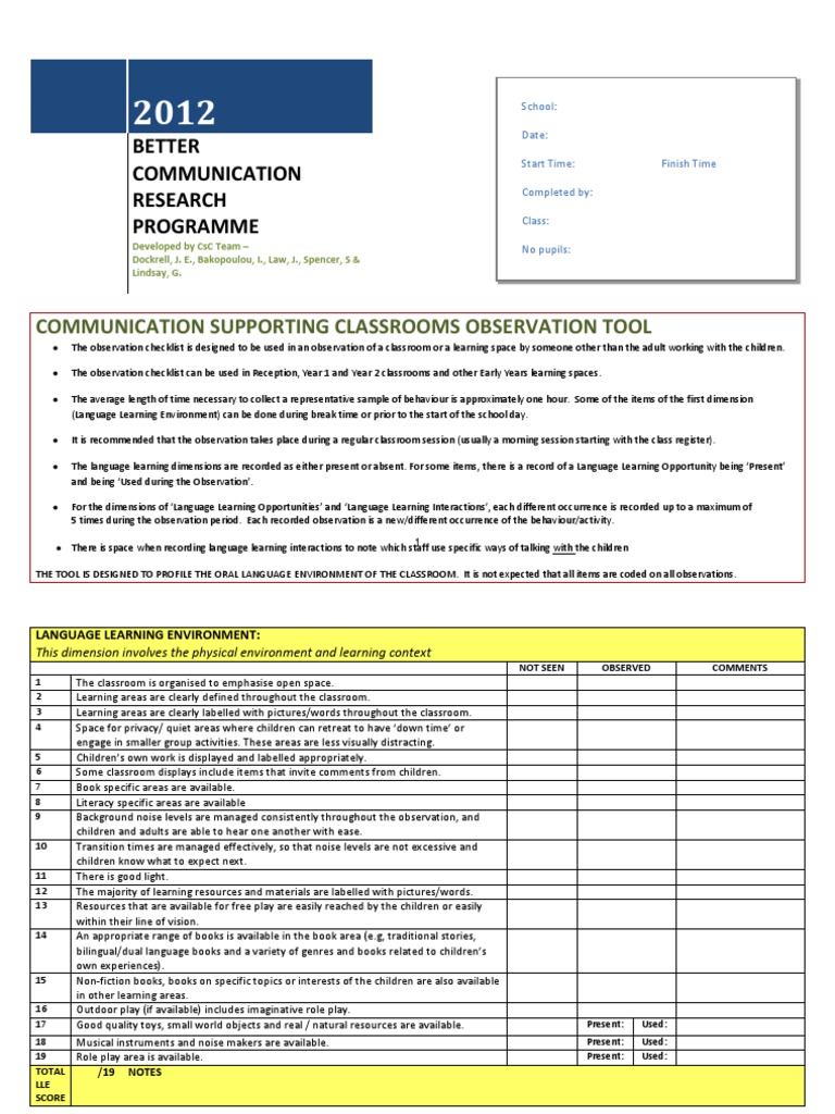 Classroom Language Observation Tool | PDF | Classroom ...