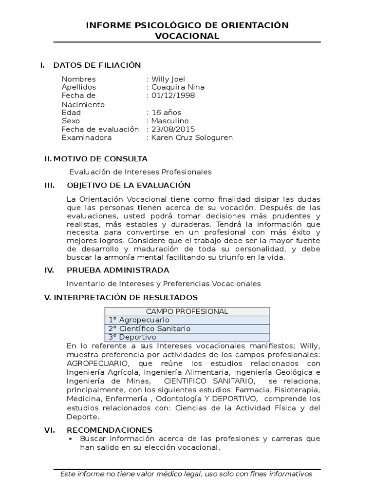 Informe Psicológico de Orientación Vocacional