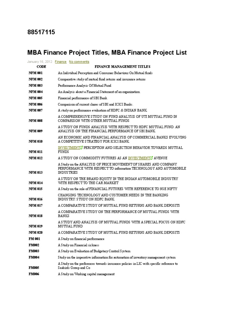 MBA Finance Project Titles List | PDF | Investing | Banks