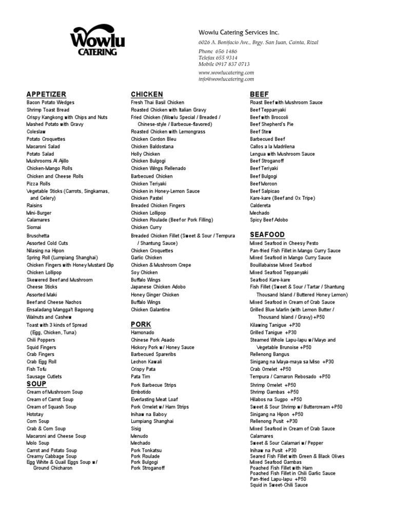 Wowlu Catering Menu Overview | PDF | Cooking, Food & Wine
