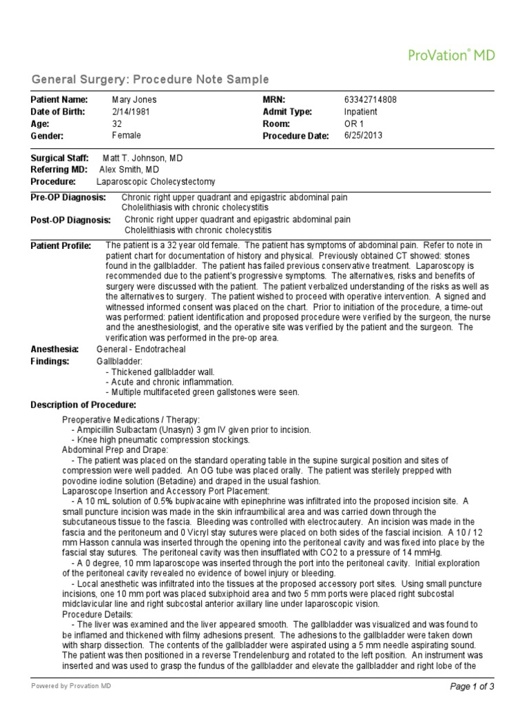 PV MD General Surgery Procedure Note | PDF