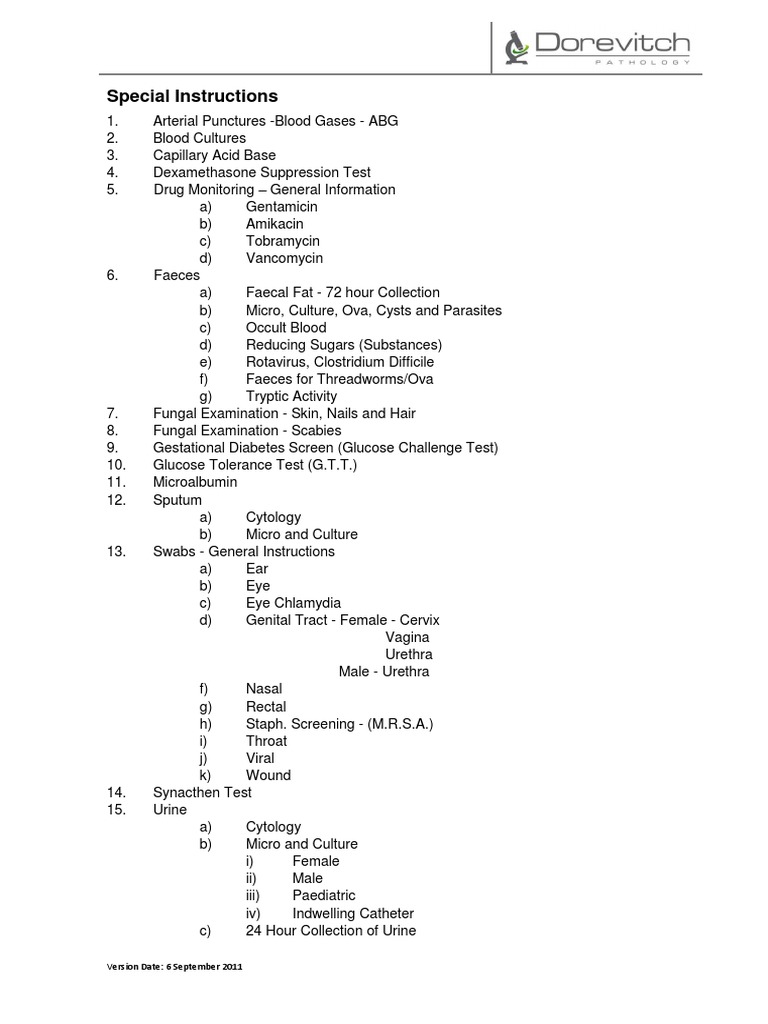 Dorevitch Pathology Test Collection Guide | PDF | Clinical Medicine ...